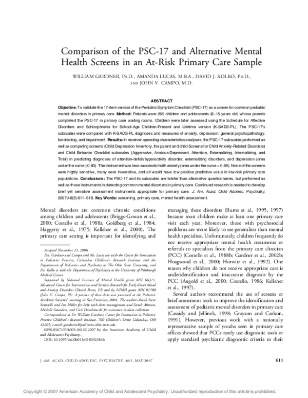 (PDF) Comparison of the PSC-17 and Alternative Mental Health Screens in ...