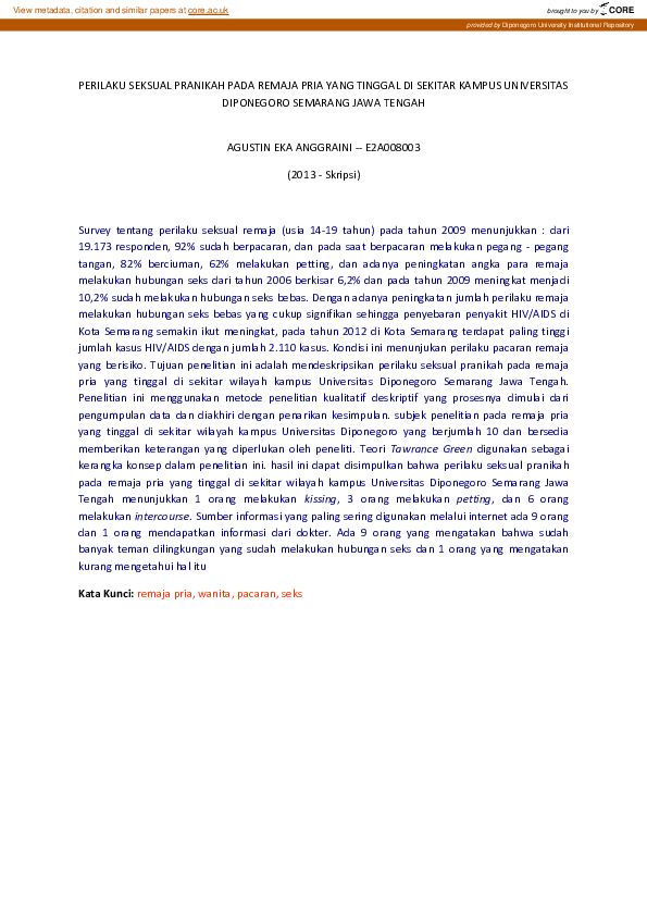 (PDF) Perilaku Seksual Pranikah Pada Remaja Pria Yang Tinggal DI Sekitar Kampus Universitas ...