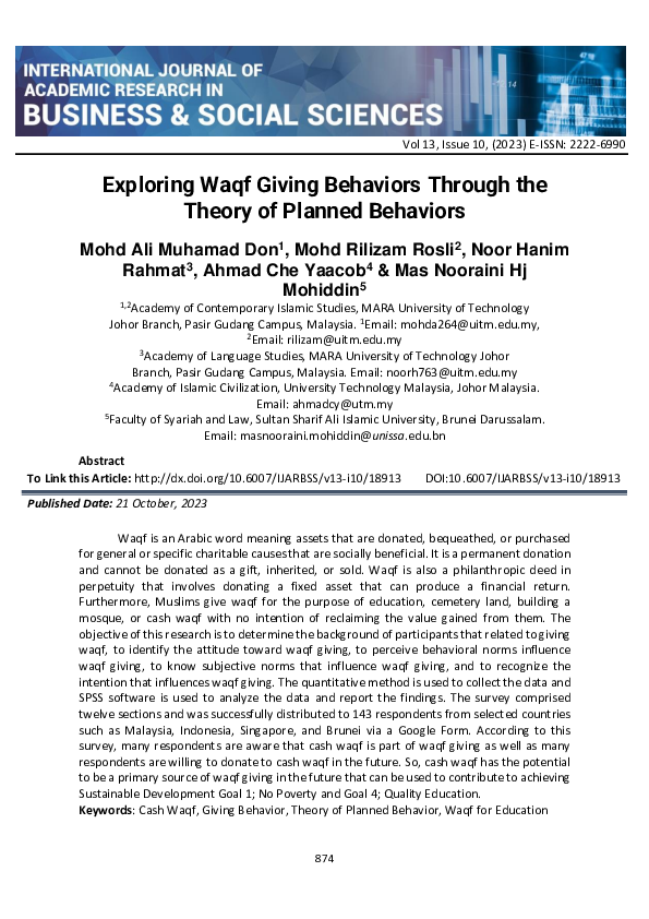 (PDF) Exploring Waqf Giving Behaviors Through the Theory of Planned Behaviors