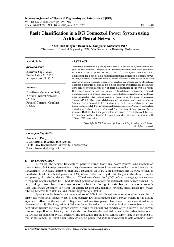 Pdf Fault Classification In A Dg Connected Power System Using Artificial Neural Network