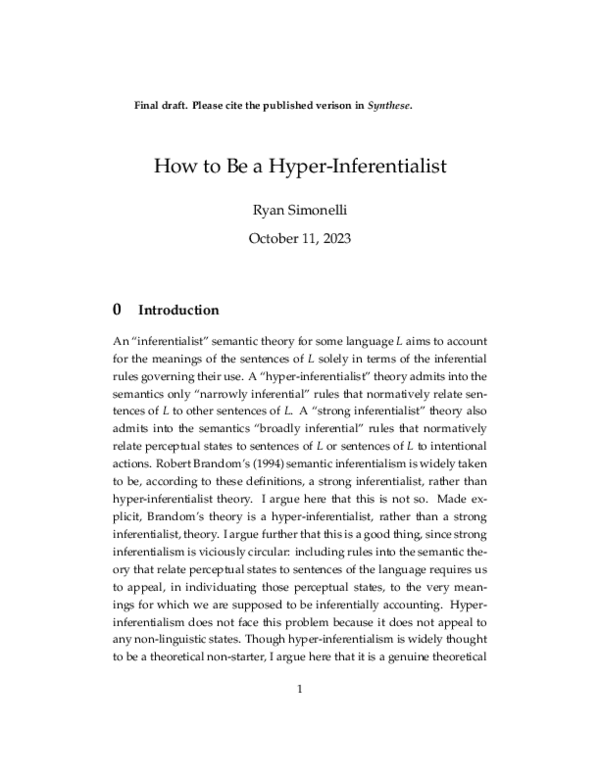 (PDF) How to Be a Hyper-Inferentialist | Ryan Simonelli - Academia.edu