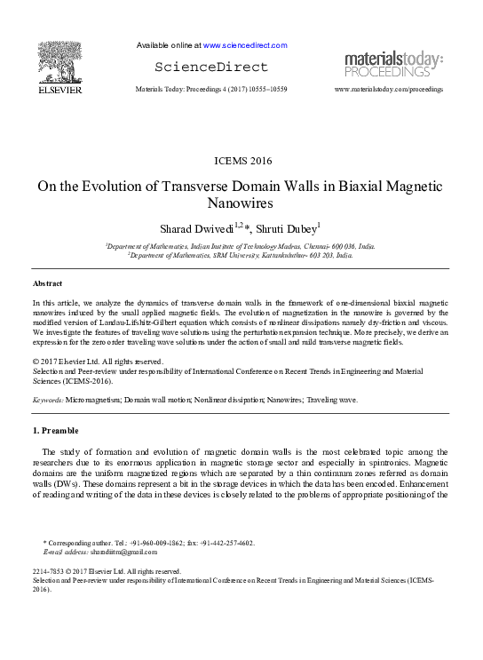 (PDF) On the Evolution of Transverse Domain Walls in Biaxial Magnetic ...