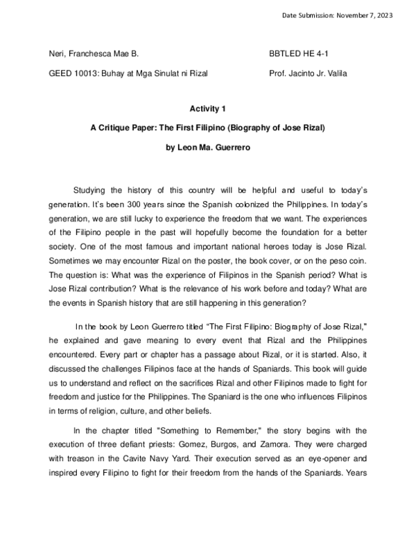 (PDF) ACTIVITY 1_A Critique Paper: The First Filipino (Biography of ...