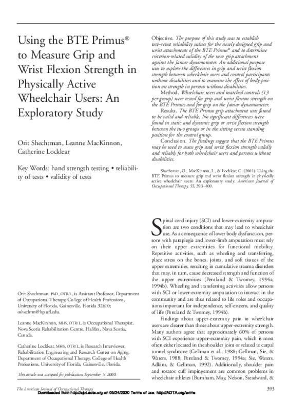 (PDF) Using the BTE Primus® to Measure Grip and Wrist Flexion Strength in Physically Active ...