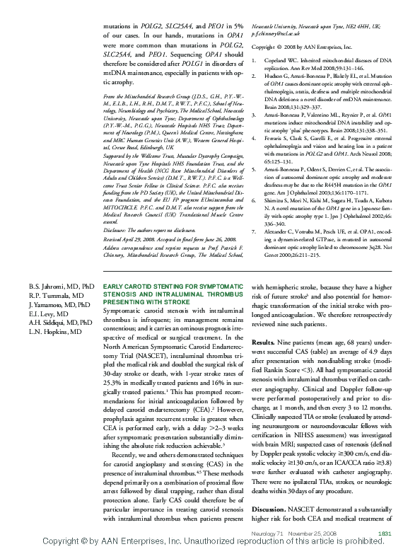 (PDF) Early Carotid Stenting for Symptomatic Stenosis and Intraluminal ...