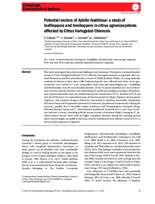 (PDF) Potential vectors of Xylella fastidiosa: a study of leafhoppers ...