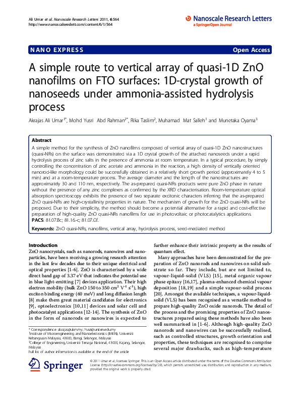 (PDF) A simple route to vertical array of quasi-1D ZnO nanofilms on FTO ...