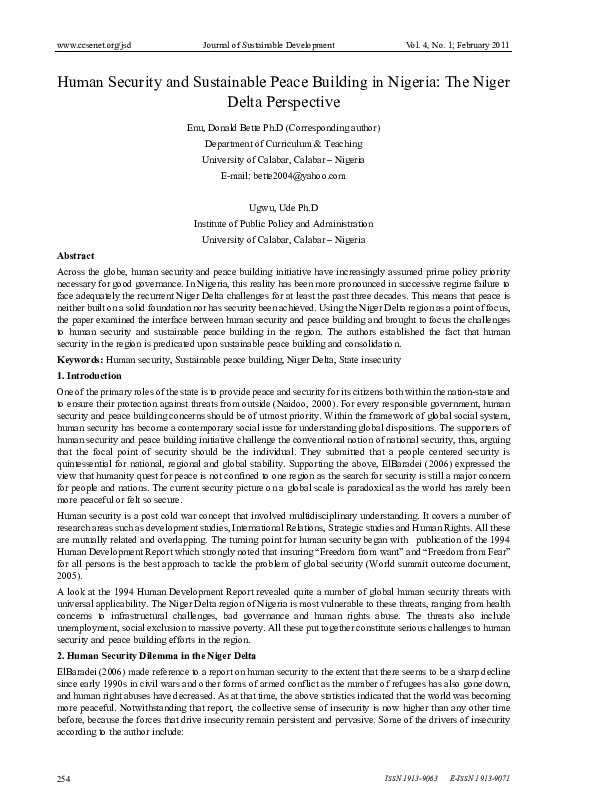 (PDF) Human Security and Sustainable Peace Building in Nigeria: The Niger Delta Perspective