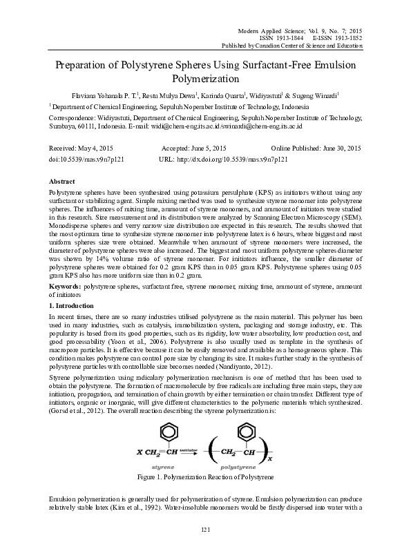 (PDF) Preparation of Polystyrene Spheres Using Surfactant-Free Emulsion Polymerization