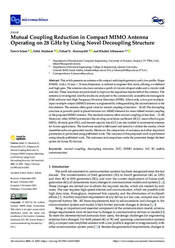 Pdf Mutual Coupling Reduction In Compact Mimo Antenna Operating On 28 Ghz By Using Novel