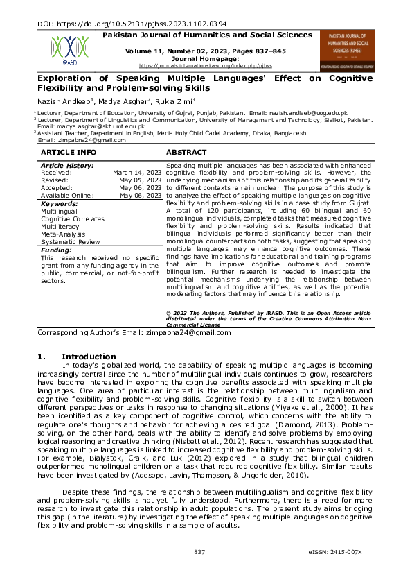 (PDF) Exploration of Speaking Multiple Languages' Effect on Cognitive Flexibility and Problem ...