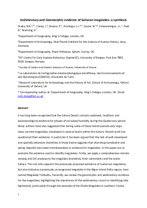 (PDF) Sedimentary and geomorphic evidence of Saharan megalakes: A synthesis
