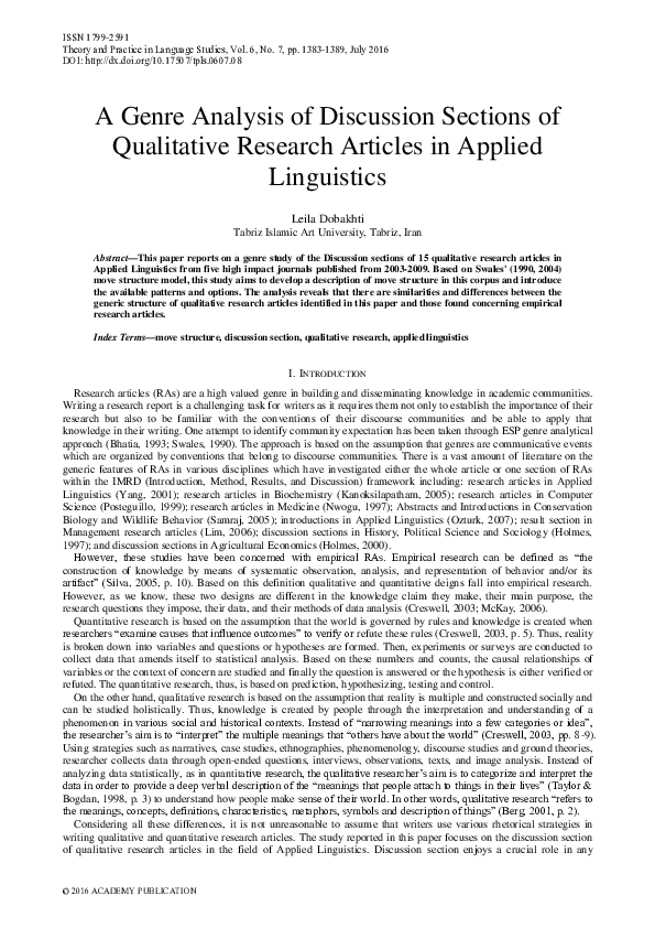 (PDF) A Genre Analysis of Discussion Sections of Qualitative Research Articles in Applied ...