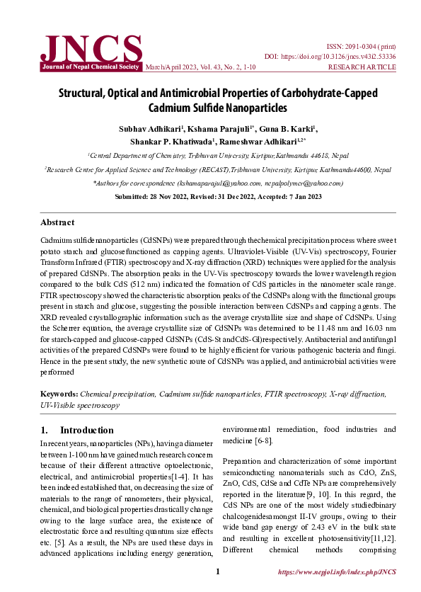 (PDF) Structural, Optical and Antimicrobial Properties of Carbohydrate-Capped Cadmium Sulfide ...