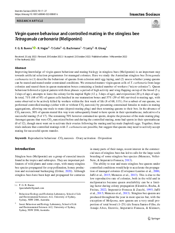 (PDF) Virgin queen behaviour and controlled mating in the stingless bee Tetragonula carbonaria ...