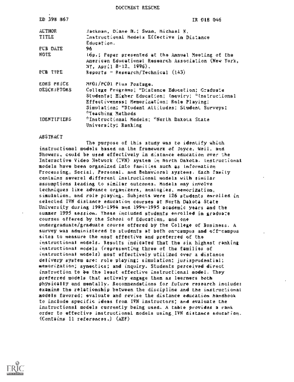 (PDF) Instructional Models Effective in Distance Education