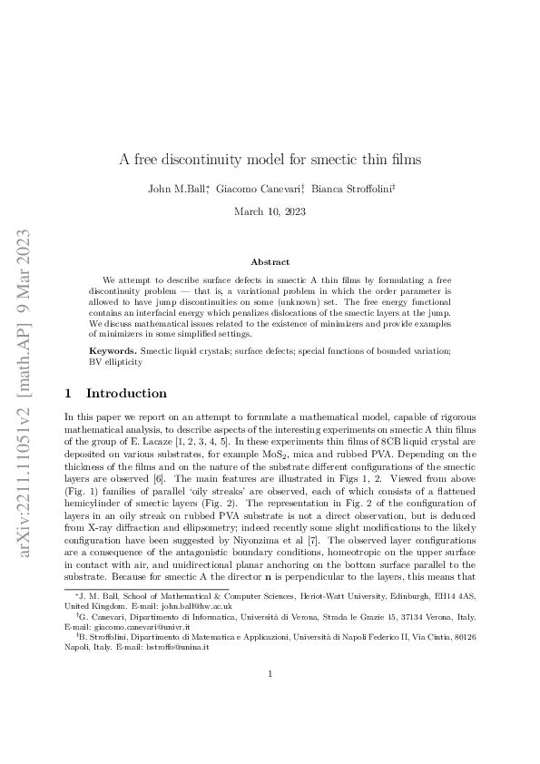 (PDF) A free discontinuity model for smectic thin films