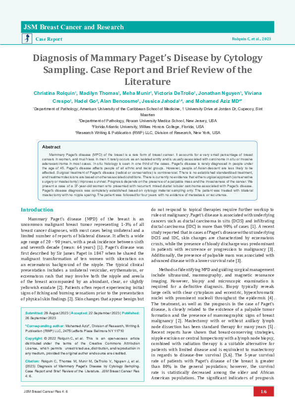 (PDF) Diagnosis of Mammary Paget's Disease by Cytology Sampling. Case ...