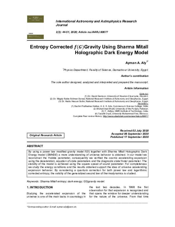 (PDF) Entropy Corrected f(G)Gravity Using Sharma Mitall Holographic Dark Energy Model