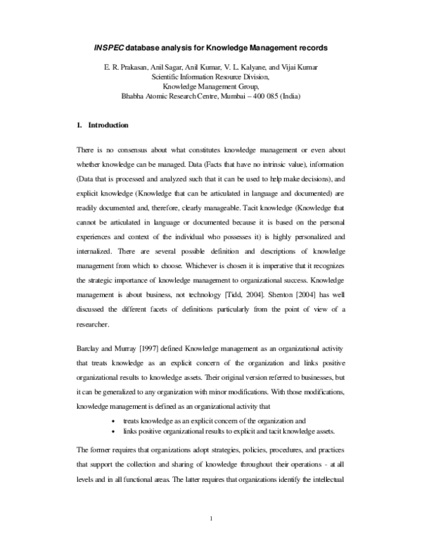 (PDF) INSPEC database analysis for Knowledge Management records