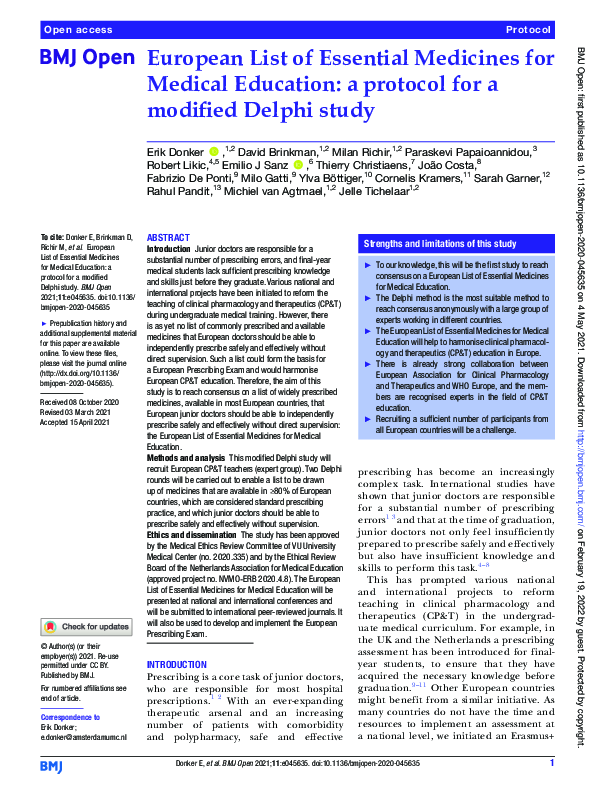 (PDF) European List of Essential Medicines for Medical Education: a protocol for a modified ...