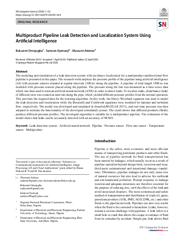 (PDF) Multiproduct Pipeline Leak Detection and Localization System Using Artificial Intelligence