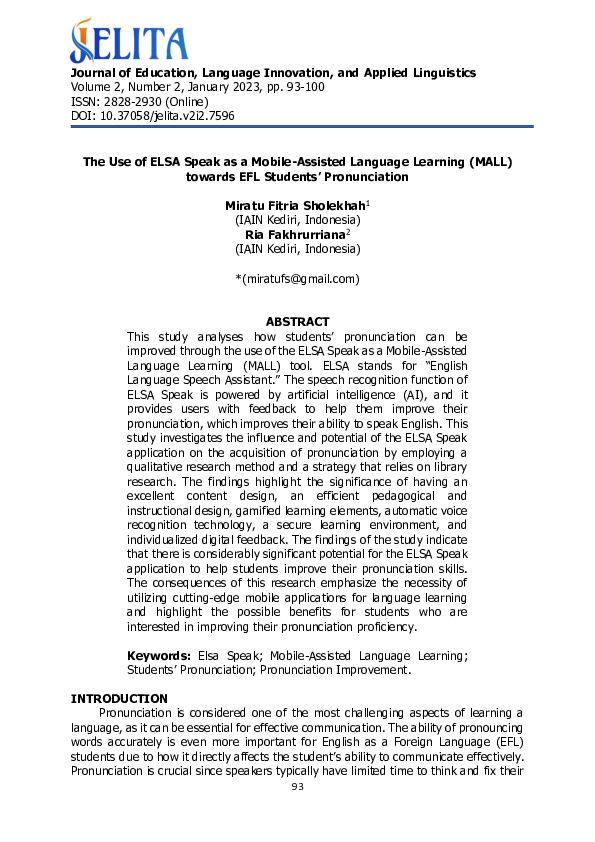 (PDF) The Use of ELSA Speak as a Mobile-Assisted Language Learning ...