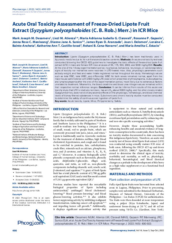(PDF) Acute Oral Toxicity Assessment of Freeze-Dried Lipote Fruit ...