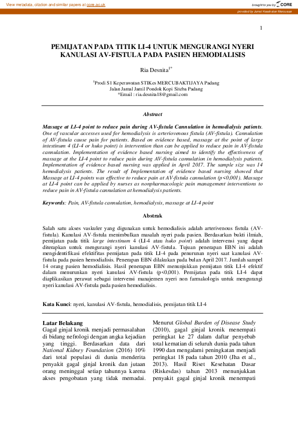(PDF) Pemijatan Pada Titik LI-4 Untuk Mengurangi Nyeri Kanulasi Av ...