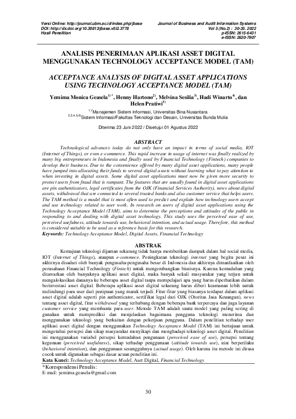 (PDF) Analisis Penerimaan Aplikasi Asset Digital Menggunakan Technology Acceptance Model (Tam)
