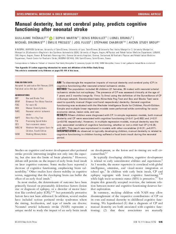 (PDF) Manual dexterity, but not cerebral palsy, predicts cognitive ...