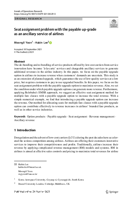 (PDF) Seat assignment problem with the payable up-grade as an ancillary ...