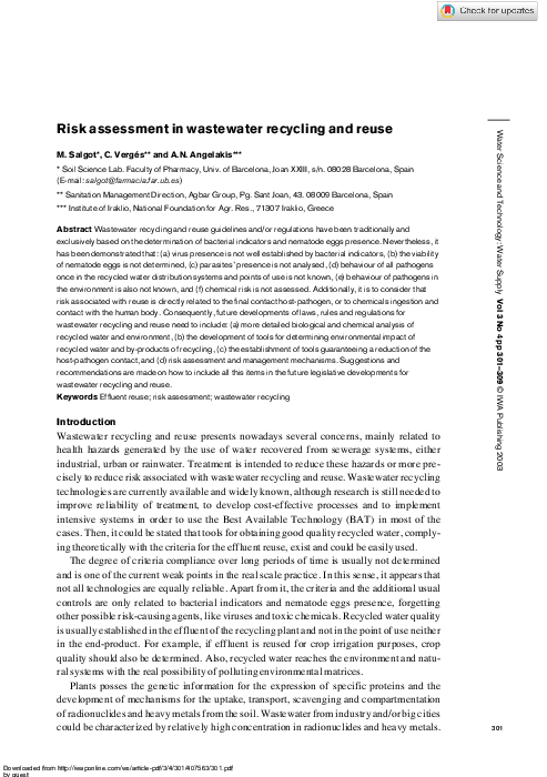 (PDF) Risk assessment in wastewater recycling and reuse