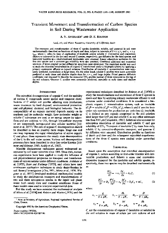 (PDF) Transient Movement and Transformation of Carbon Species in Soil During Wastewater Application