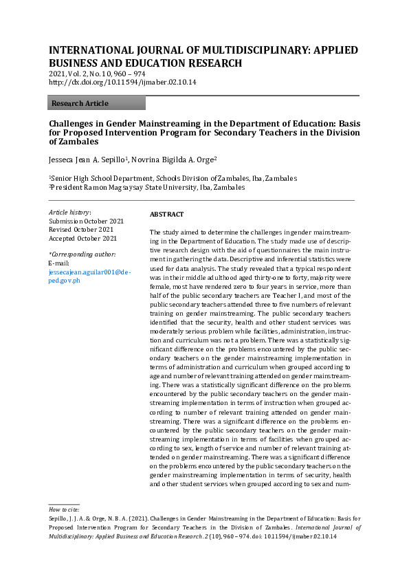 (PDF) Challenges in Gender Mainstreaming in the Department of Education ...