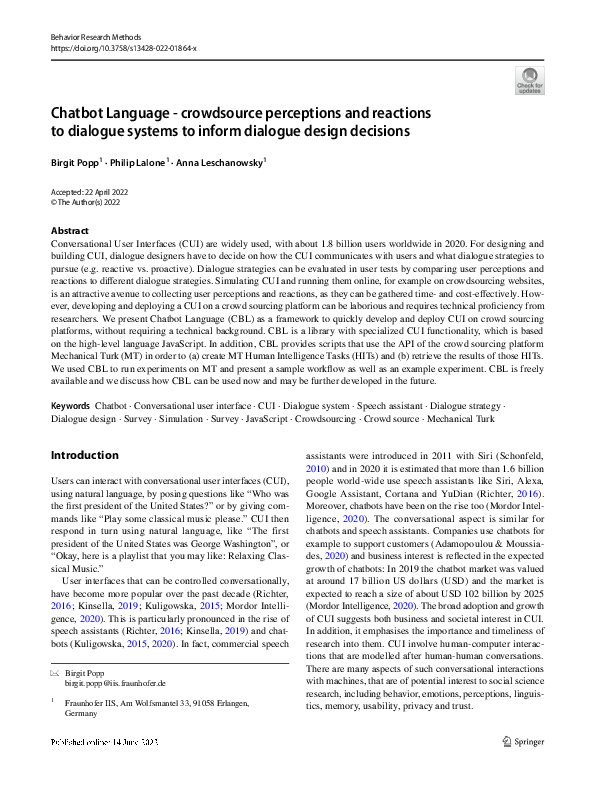 (PDF) Chatbot Language - crowdsource perceptions and reactions to dialogue systems to inform ...