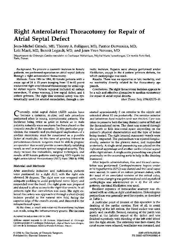 (PDF) Right anterolateral thoracotomy for repair of atrial septal defect