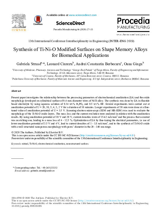 (PDF) Synthesis of Ti-Ni-O Modified Surfaces on Shape Memory Alloys for Biomedical Applications ...