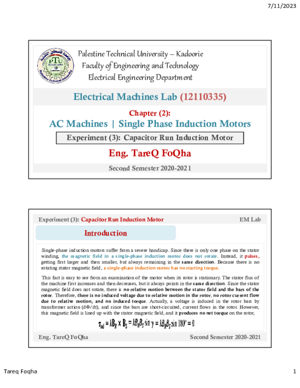 (PDF) Electrical Machines Lab Slides: Capacitor Run Induction Motor