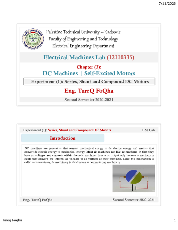 (PDF) Electrical Machines Lab Slides: Self-Excited DC Motors