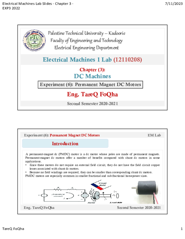 (PDF) Electrical Machines Lab Slides: Permanent Magnet DC Motors