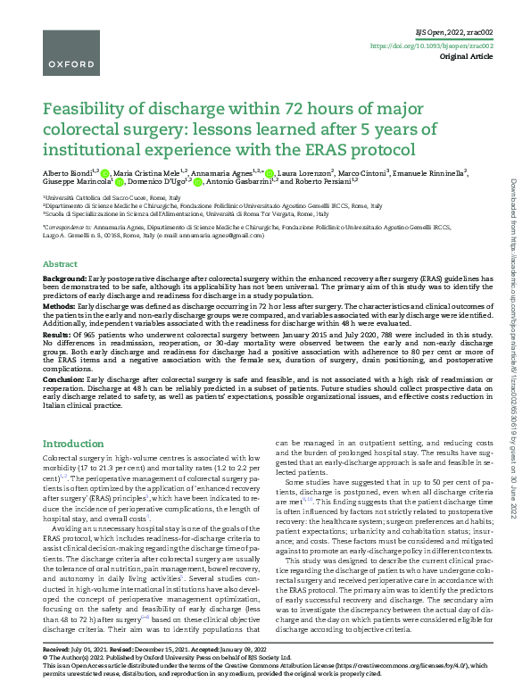 (PDF) Feasibility of discharge within 72 hours of major colorectal ...