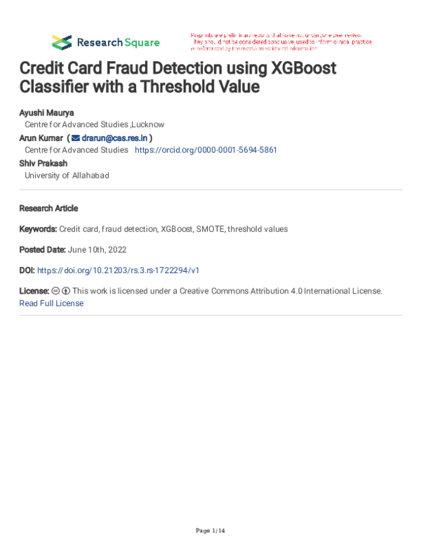 Pdf Credit Card Fraud Detection Using Xgboost Classifier With A Threshold Value