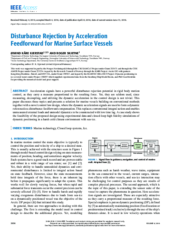Pdf Disturbance Rejection By Acceleration Feedforward For Marine Surface Vessels