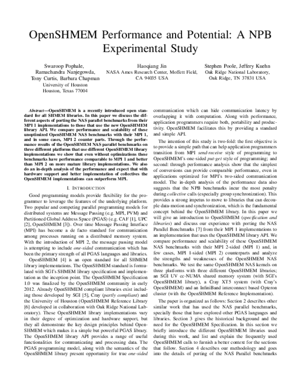 (PDF) OpenSHMEM Performance and Potential: A NPB Experimental Study