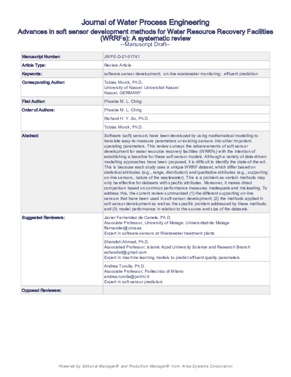 (PDF) Advances in soft sensors for Wastewater Treatment Plants: A systematic review