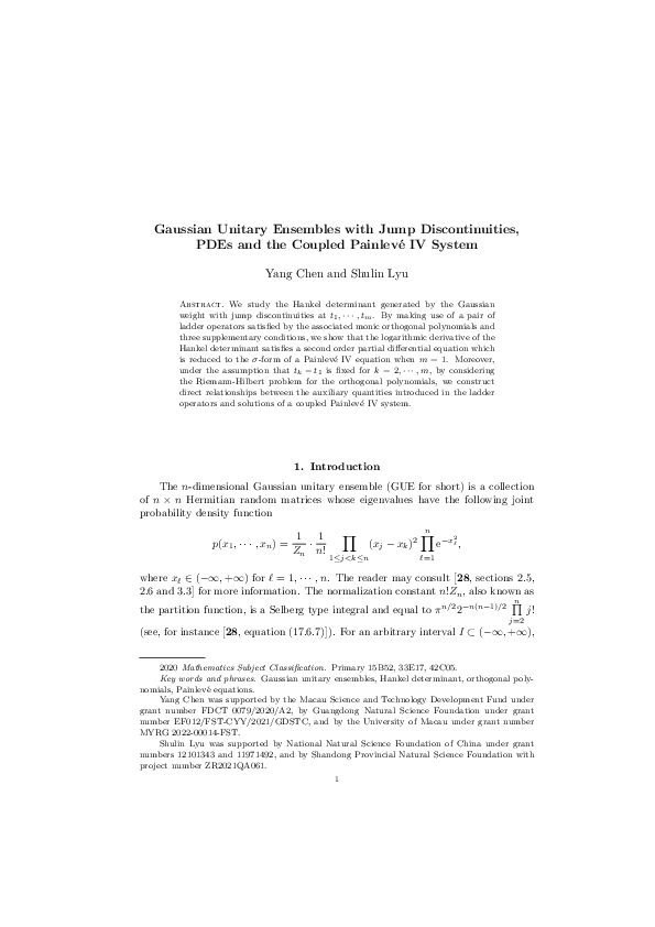 (PDF) Gaussian Unitary Ensembles with Jump Discontinuities, PDEs and the Coupled Painlevé IV ...