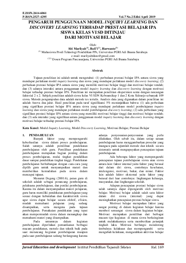 (PDF) Pengaruh Penggunaan Model Inquiry Learning Dan Discovery Learning Terhadap Prestasi ...