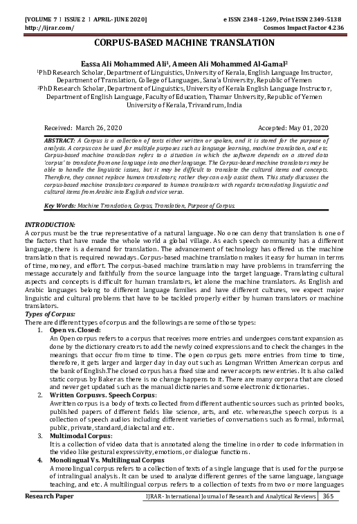 (PDF) CORPUS-BASED MACHINE TRANSLATION
