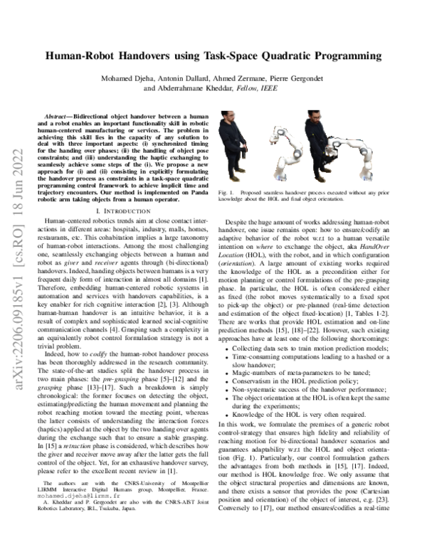 (PDF) Human-Robot Handovers using Task-Space Quadratic Programming